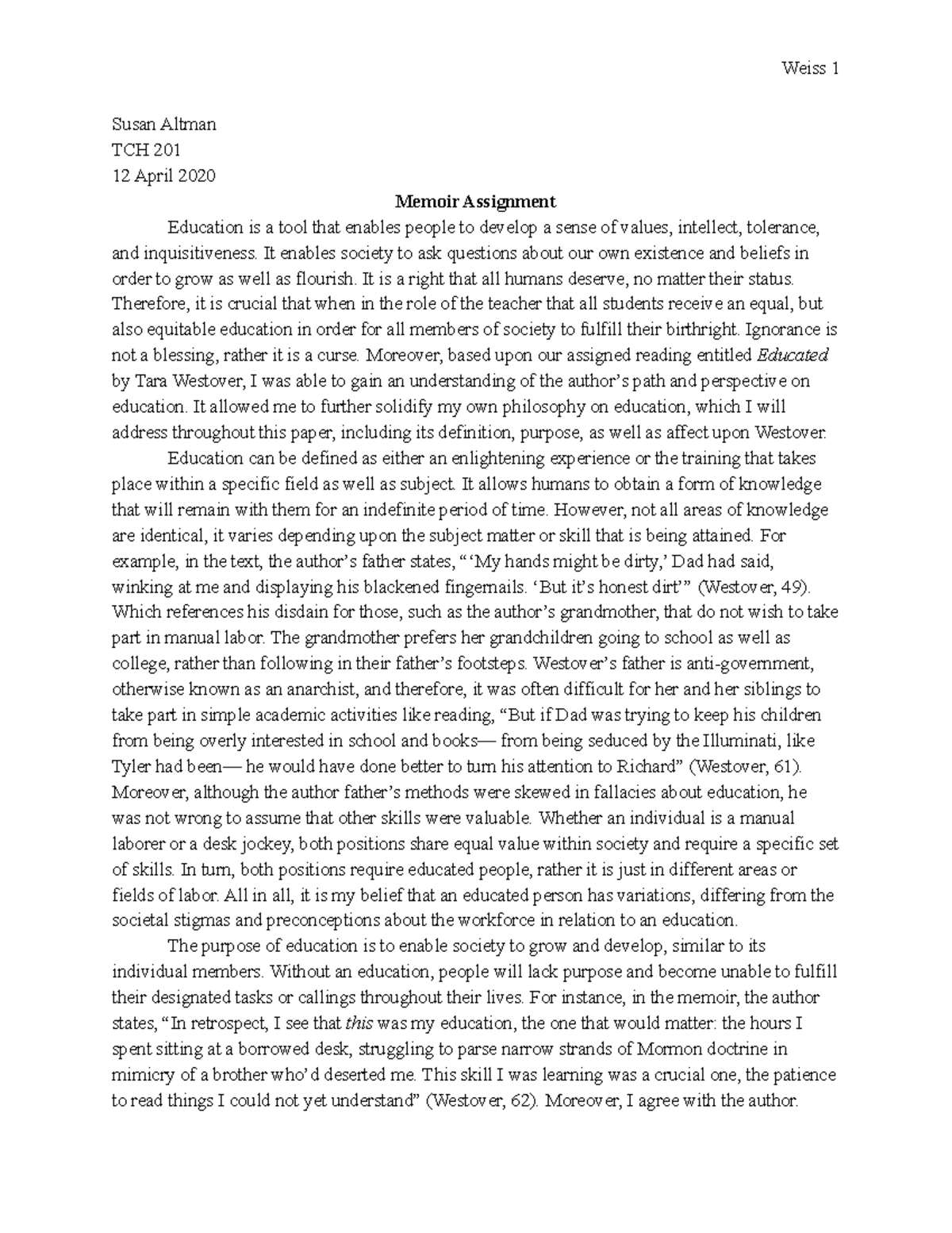 Memoir Assignment - Weiss 1 Susan Altman TCH 201 12 April 2020 Memoir ...