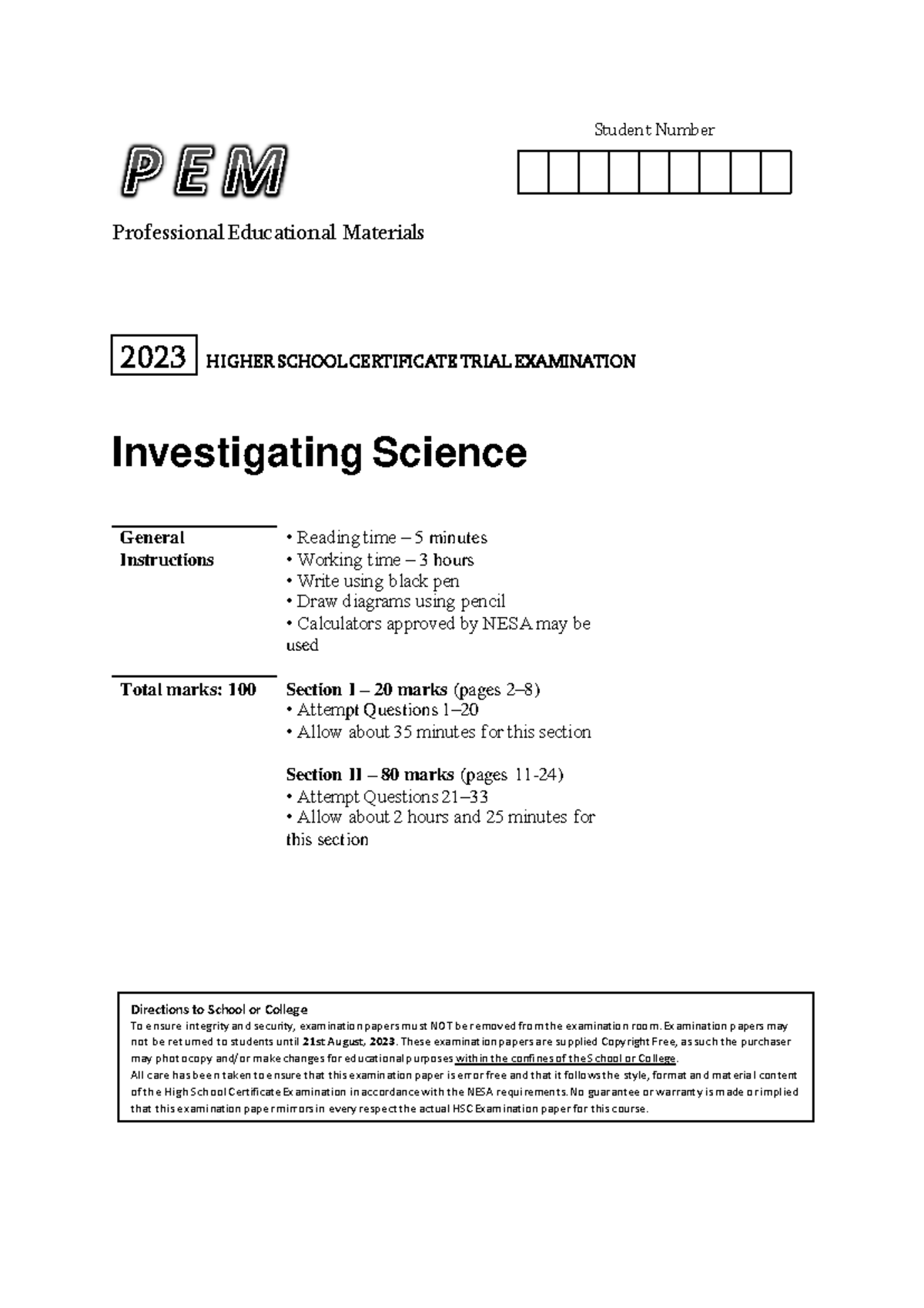PEM 2023 Investigating Science Trial HSC Examination - Professional ...