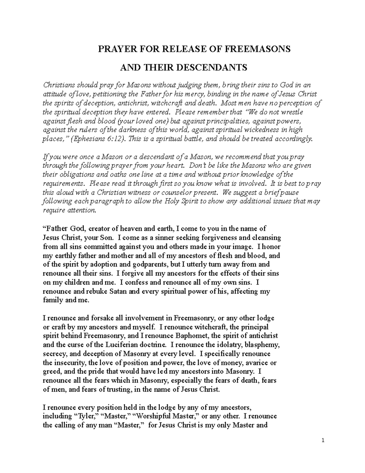 Freemason Renunciation - PRAYER FOR RELEASE OF FREEMASONS AND THEIR ...