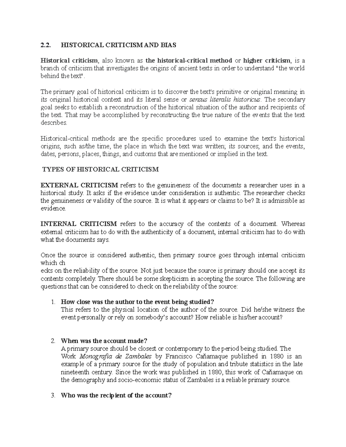 Historical Criticism AND BIAS - 2. HISTORICAL CRITICISM AND BIAS ...