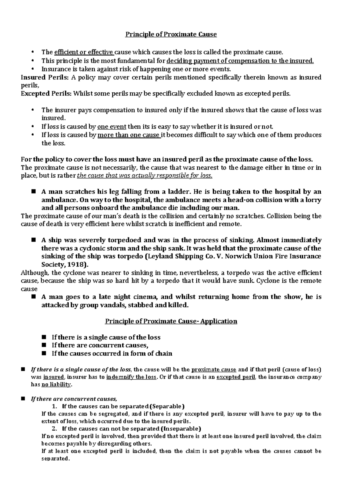 Proximate Cause Case - Principle of Proximate Cause • The efficient or ...