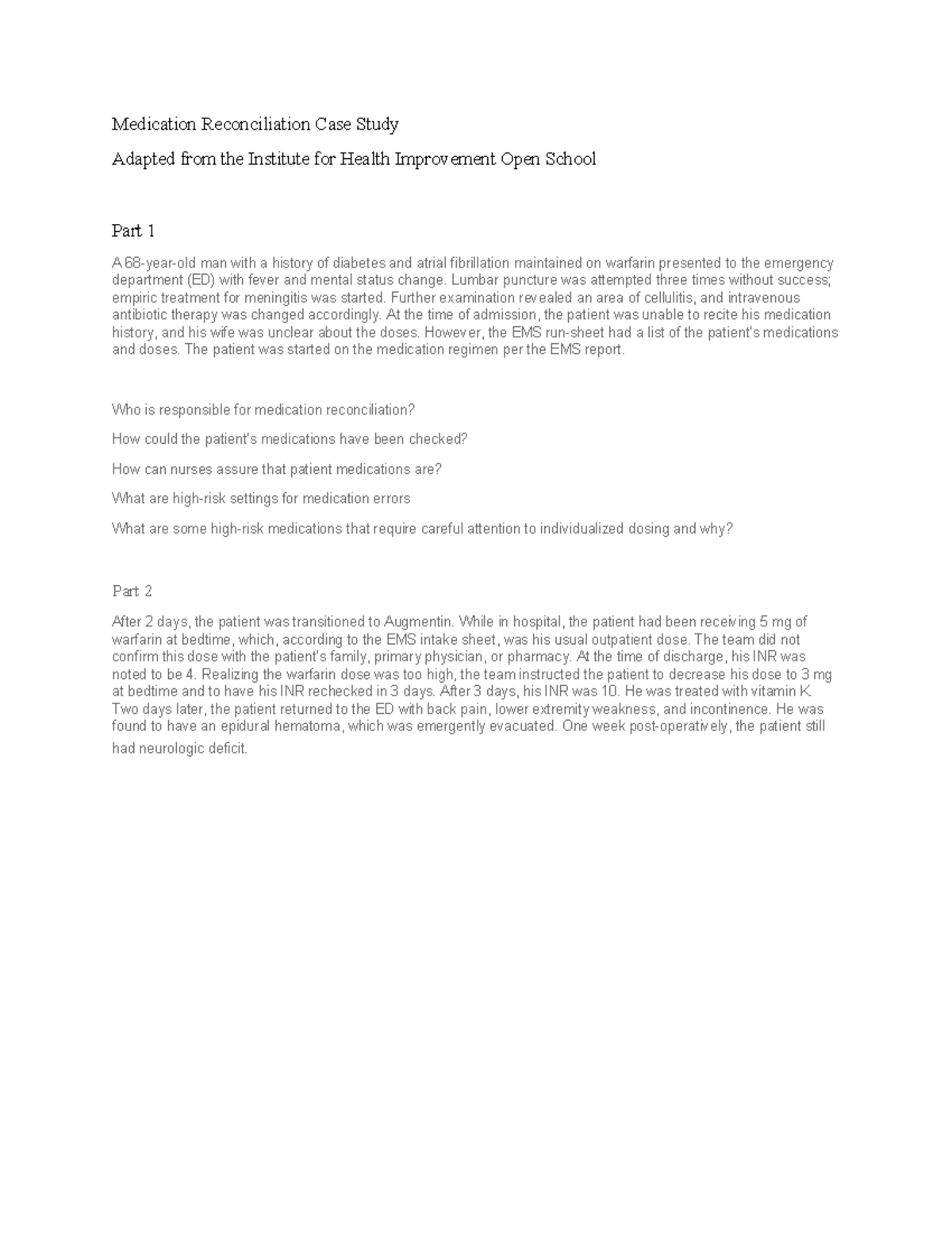 Medication reconcilation case study student version - Medication ...