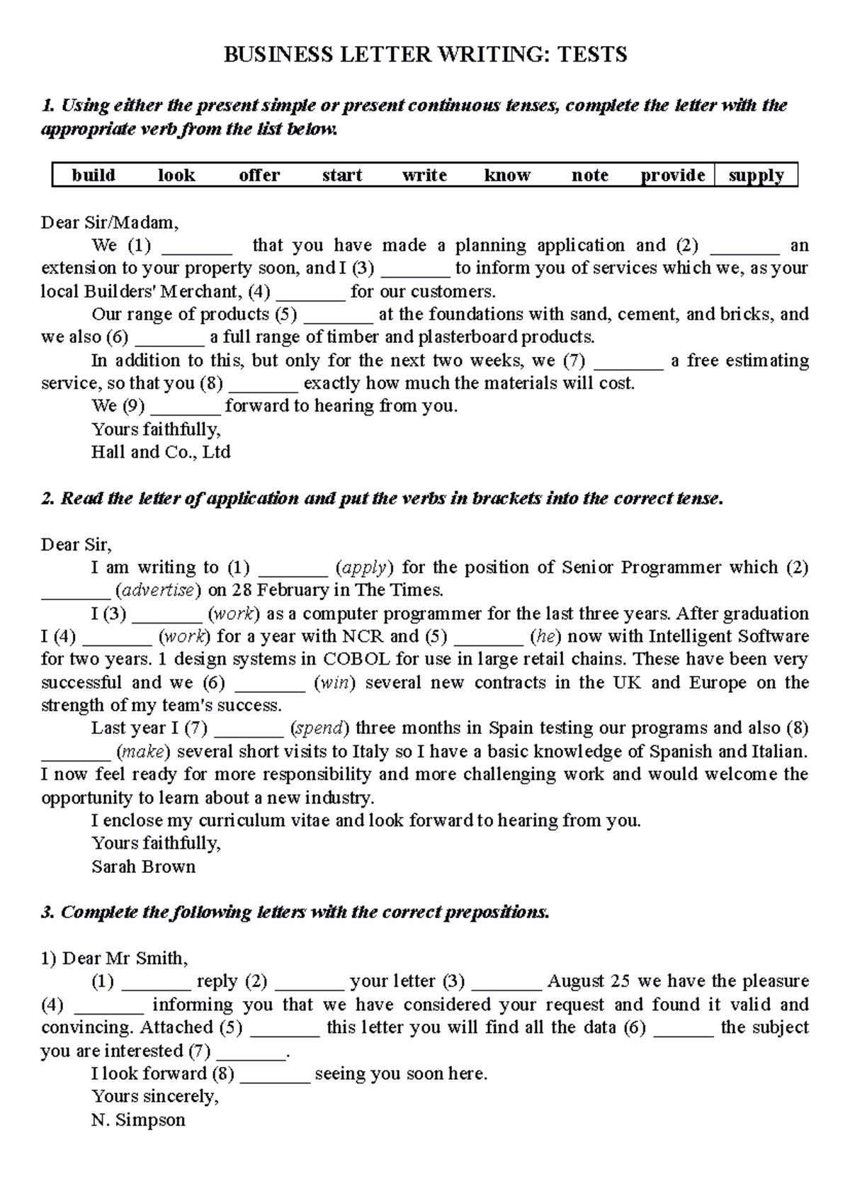 Letter for business - BUSINESS LETTER WRITING: TESTS Using either the ...