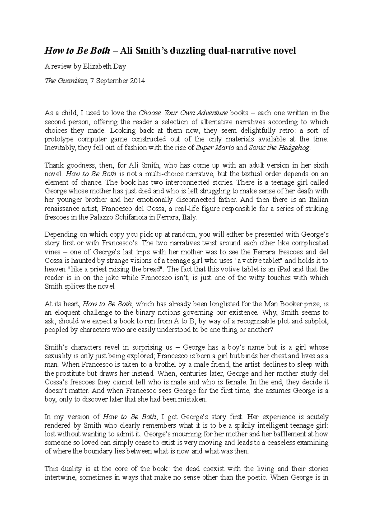 Sample Book Review - How to Be Both – Ali Smith’s dazzling dual ...