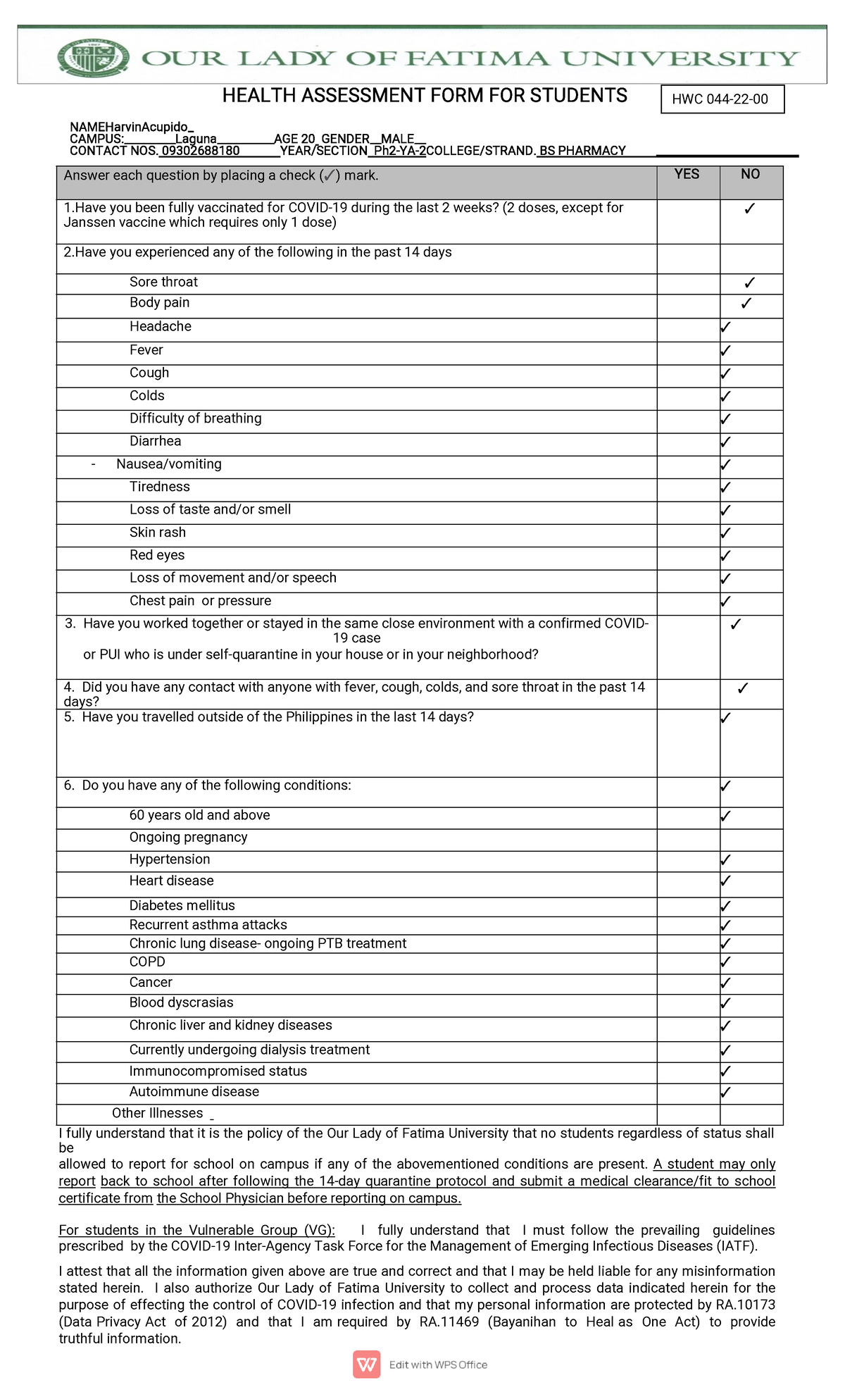 Health Assessment FORM FOR Students - HEALTHASSESSMENTFORM FORSTUDENTS ...