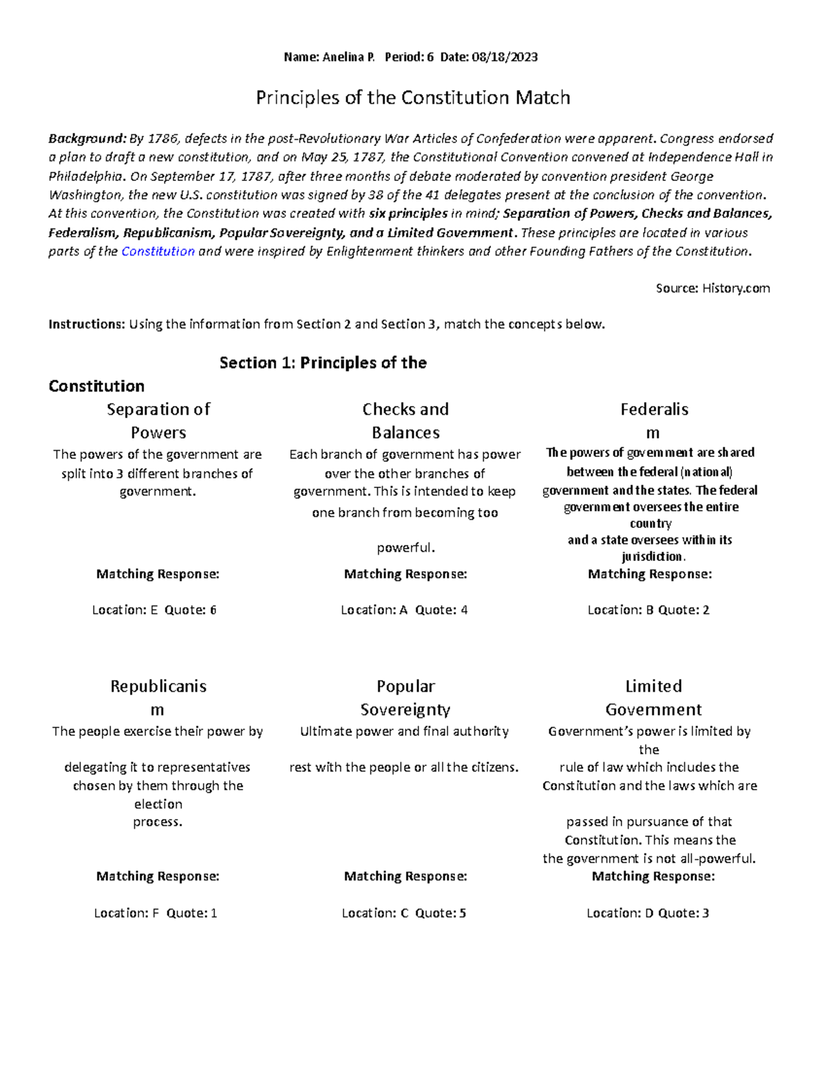 Anelina Pimentel - Copy of Principles of the Constitution Match Wksht ...