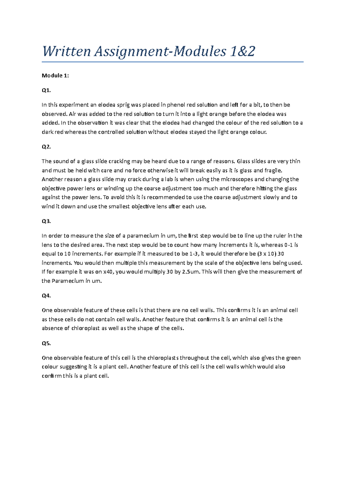 Written Assignment-Biological Systems - Written Assignment-Modules 1&2 Module 1: Q1. In this ...