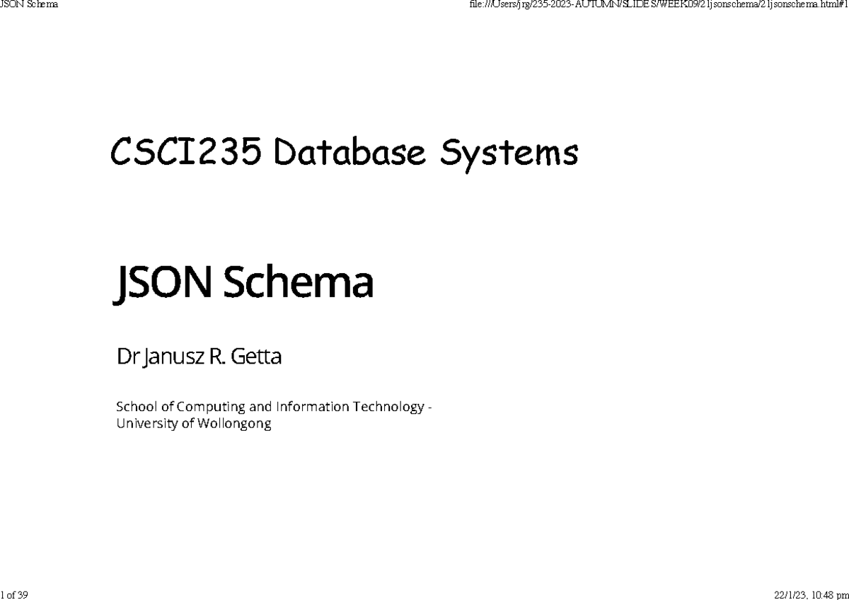 21jsonschema Lecture On Jsonschema Csci235 Database Systems Json Schema Dr Janusz R Getta