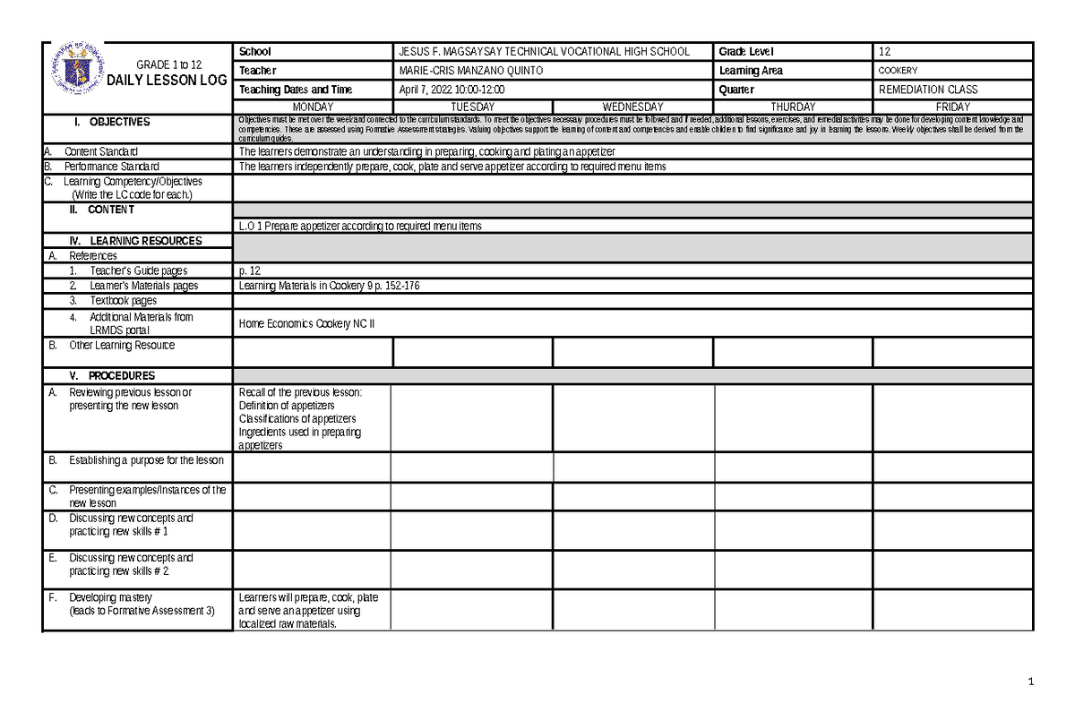 DLL- Cookery 12- Remedial. 2 - GRADE 1 to 12 DAILY LESSON LOG School ...