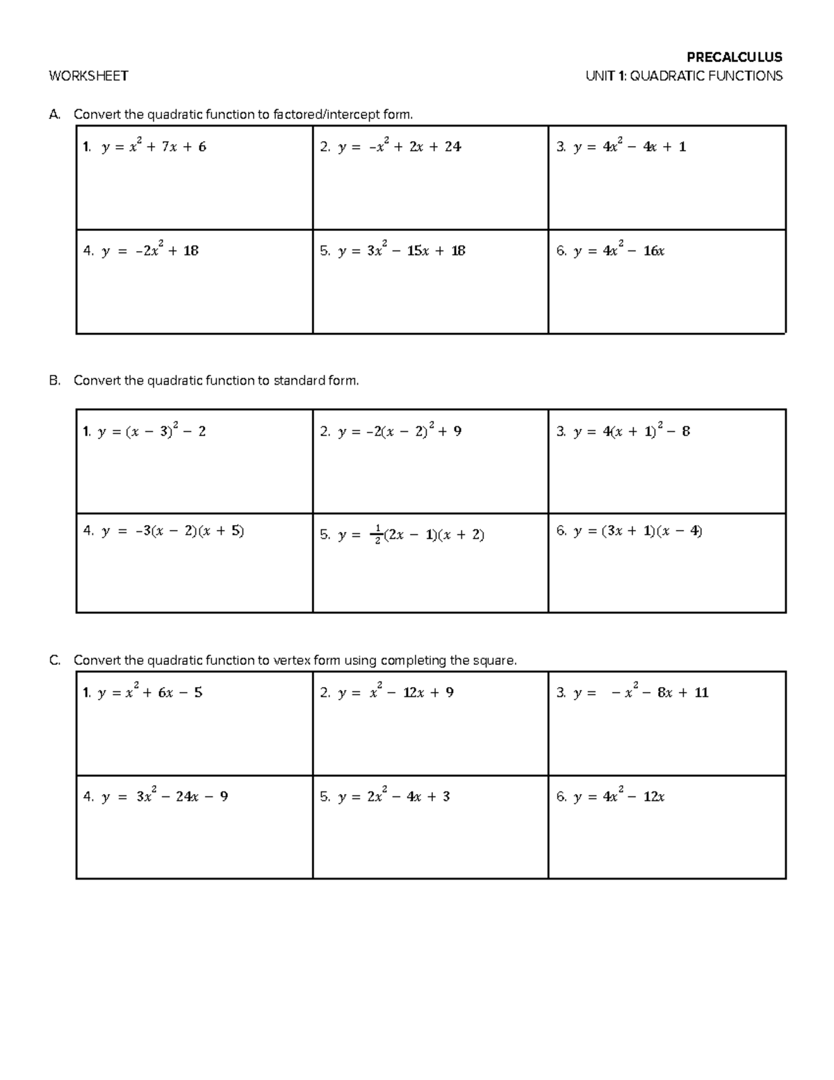 Converting Forms of Quadratic Functions Precalculus - PRECALCULUS ...