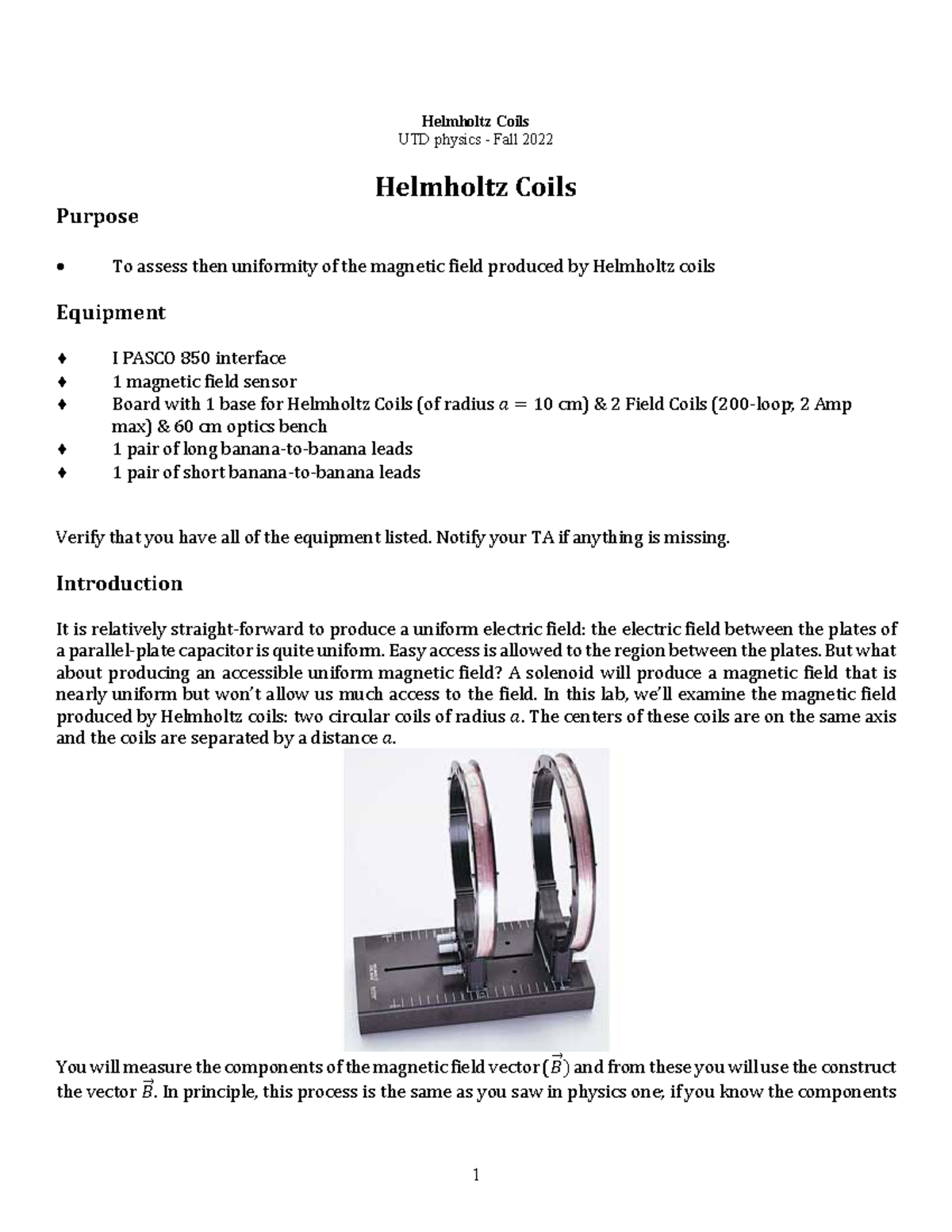 12.0 Helmholtz Coils until cal-based is launched - UTD physics - Fall ...