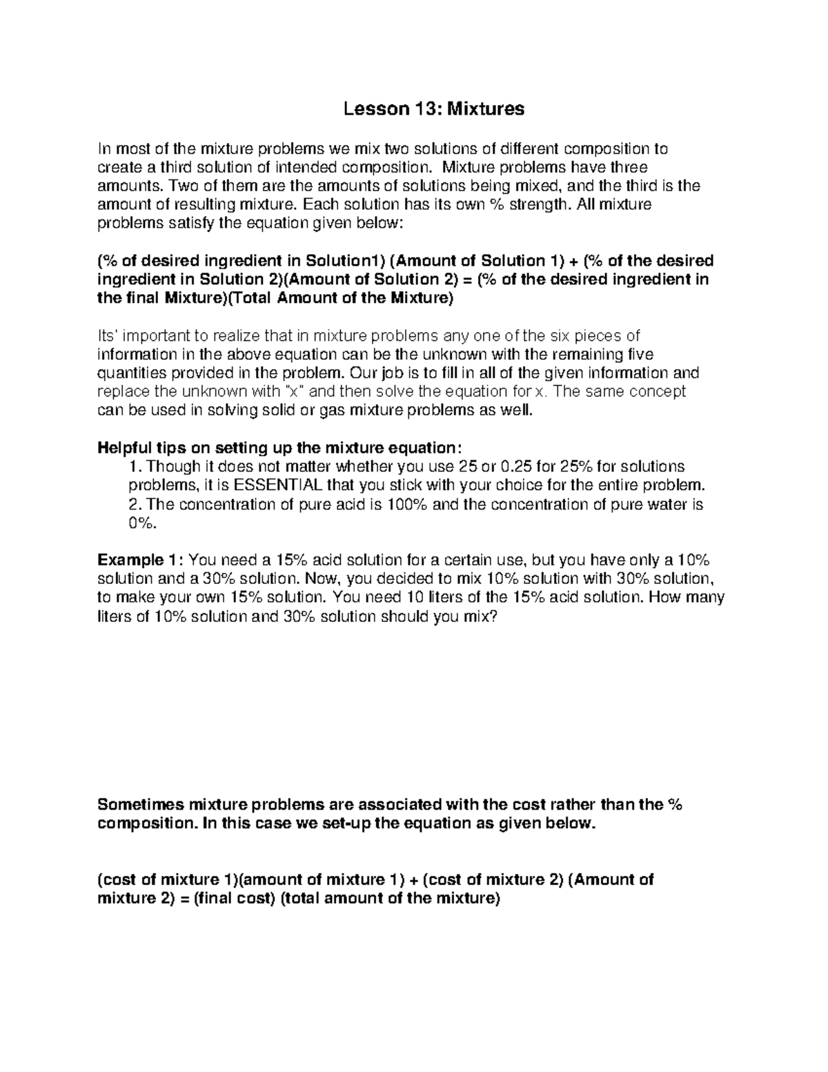 Math Lesson 13-Mixtures-Student version - Lesson 13: Mixtures In most ...