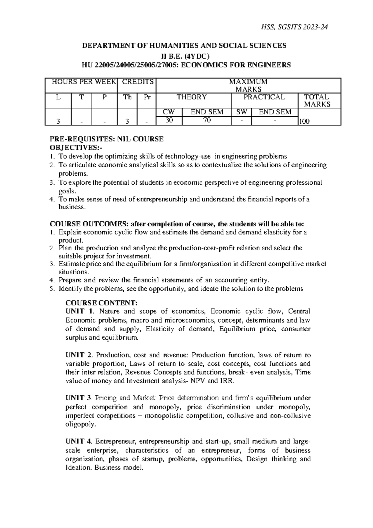 HSS Syllabus Sem A Economics for Engineers 2023-24 - HSS, SGSITS 2023 ...