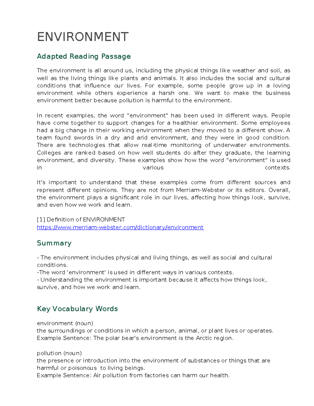 Definition of Environment- by Diffit (simple) - ENVIRONMENT Adapted ...