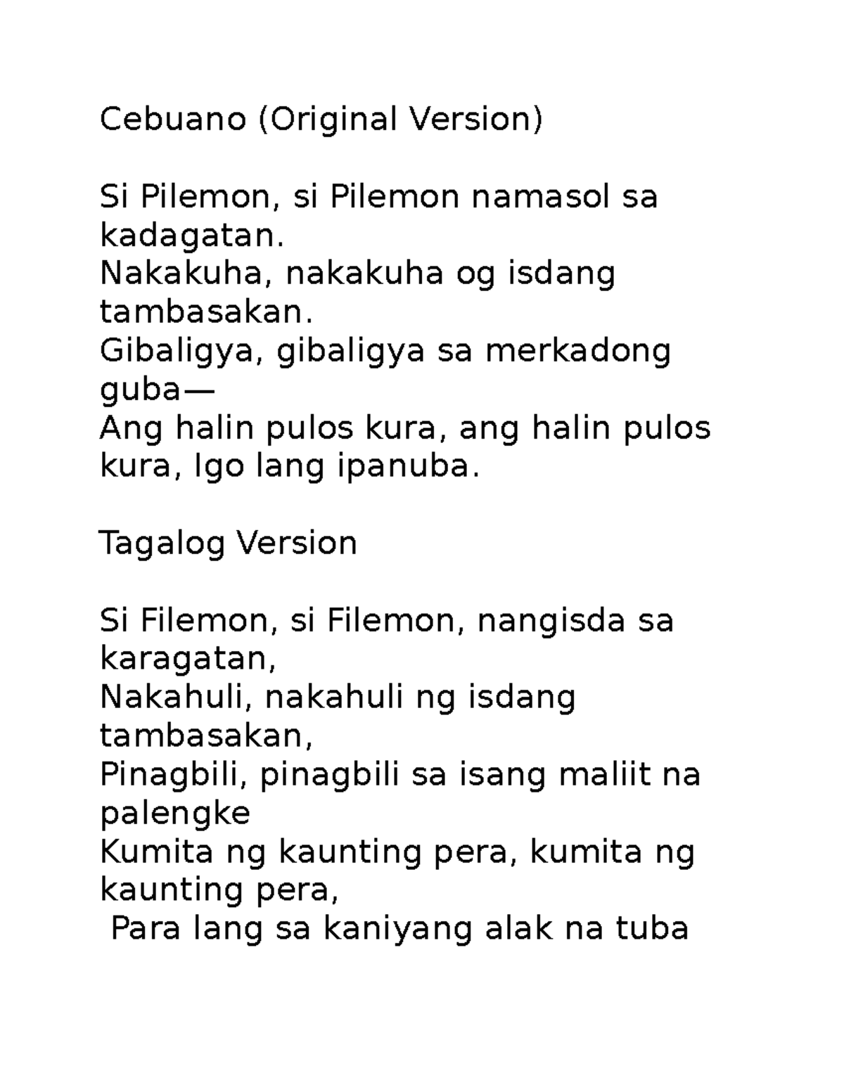 Awiting Bayan Lyrics - Cebuano (Original Version) Si Pilemon, si ...