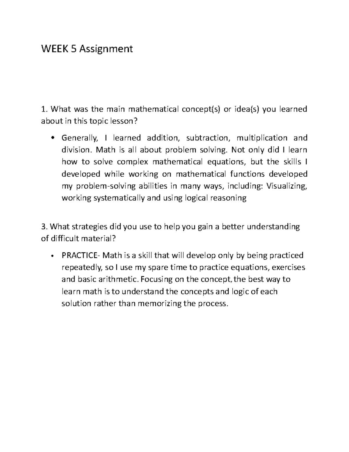 Maths Assignment week 5 - WEEK 5 Assignment What was the main mathematical concept(s) or idea(s ...