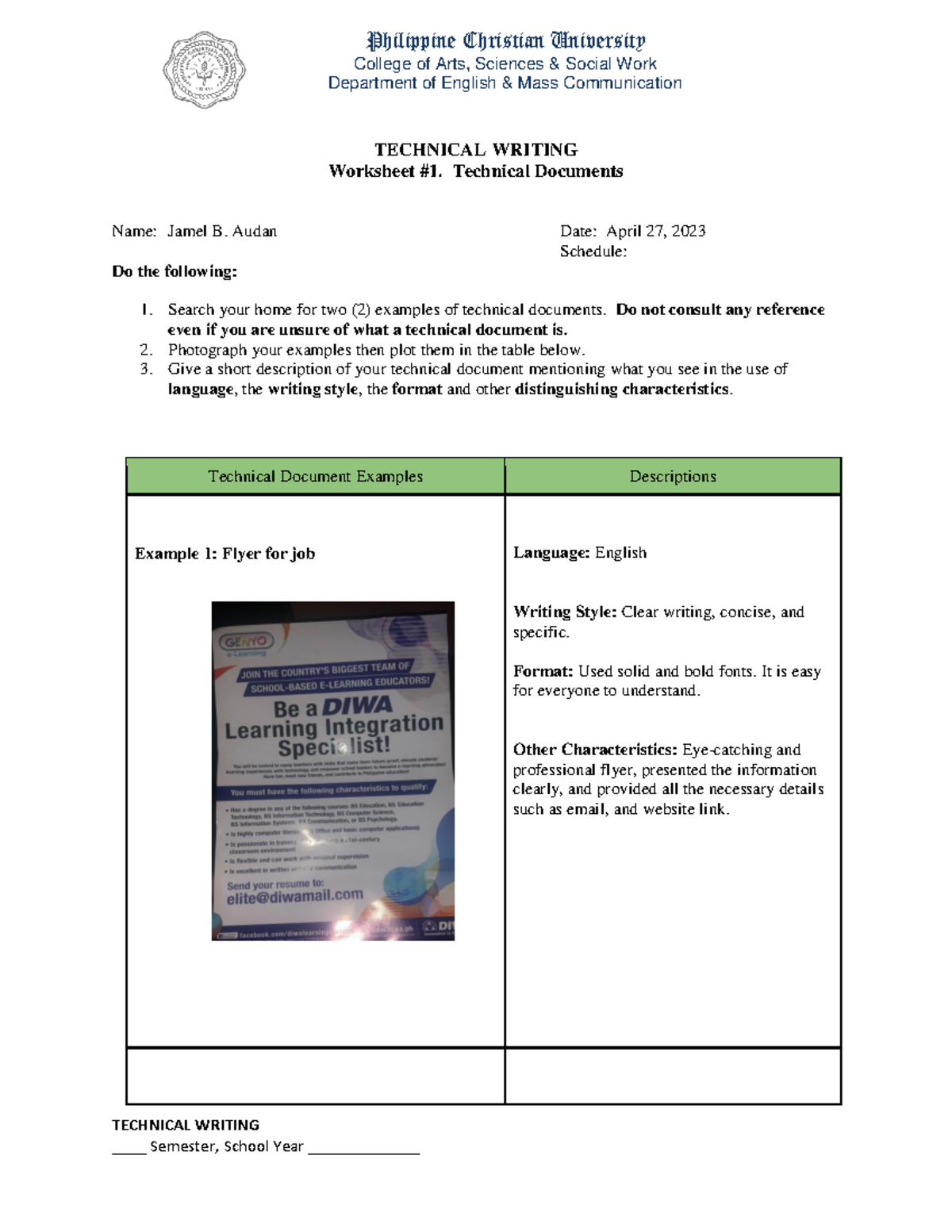 Worksheet 1 - Teaching and Assessment of Literature - TECHNICAL WRITING ...