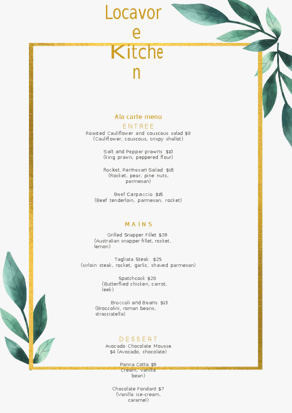 Final designed menu - Locavor e K i t ch e n Ala carte menu E N T R E E ...