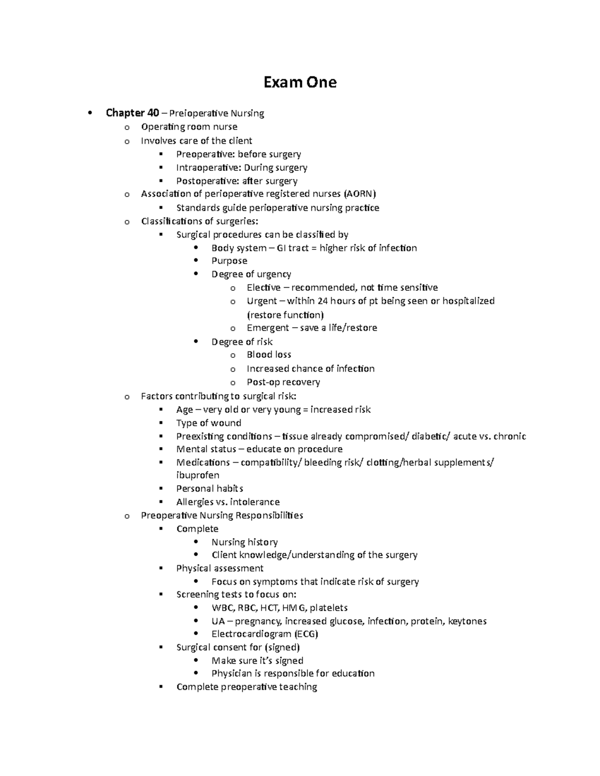 Operative.blood.Oncology outline - Exam One Chapter 40 – Preioperative ...