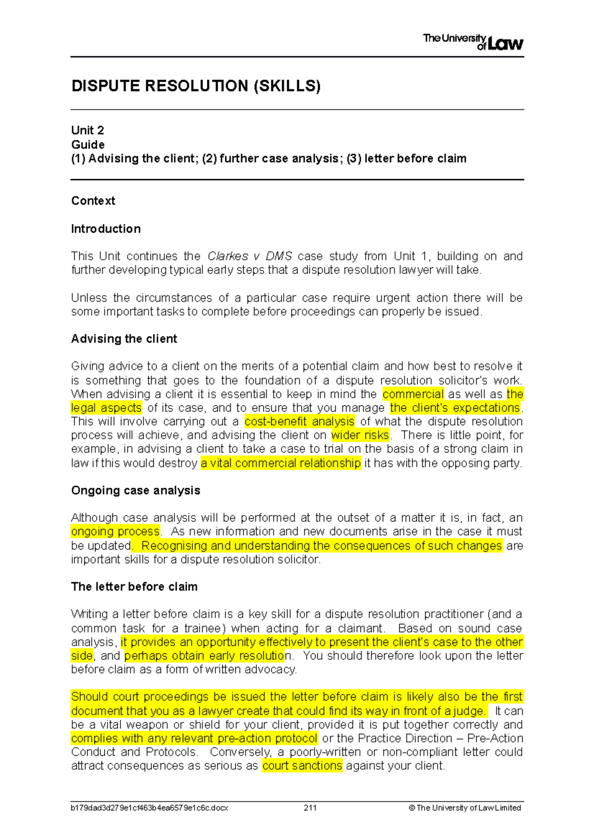 W2 - Advising the client - DISPUTE RESOLUTION (SKILLS) Unit 2 Guide (1 ...