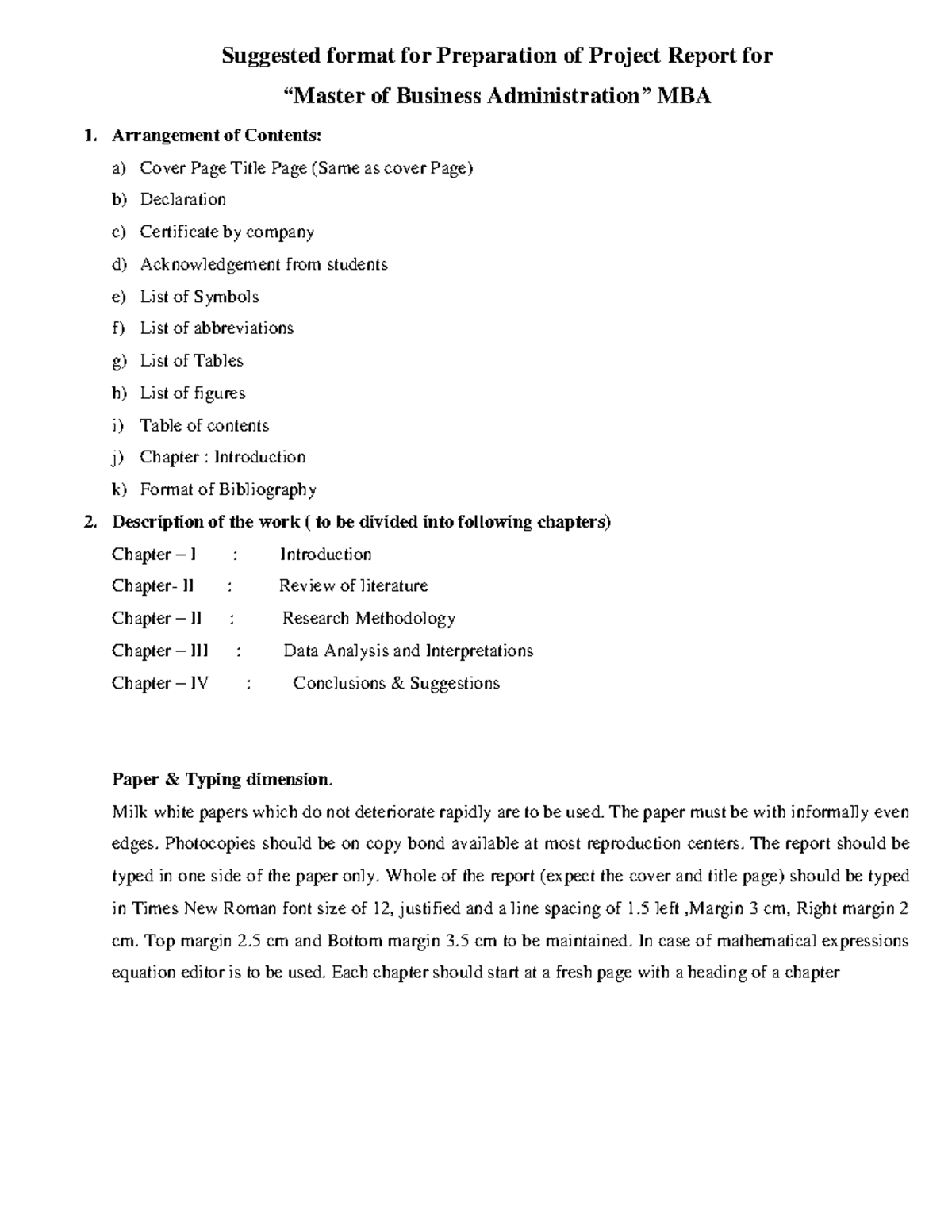 Project Format MBA - Suggested format for Preparation of Project Report ...