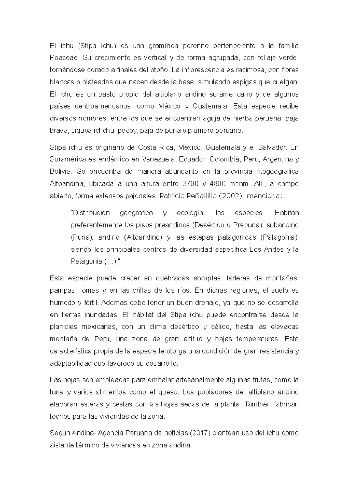 El ichu - Trabajo investigación - El ichu (Stipa ichu) es una gramínea ...