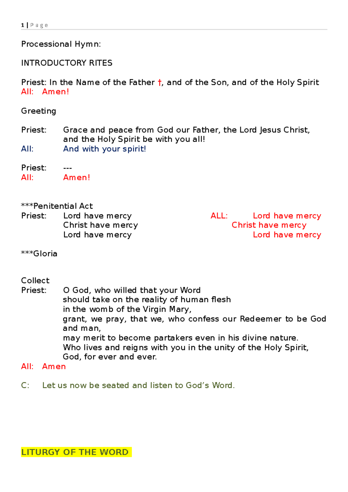 English Mass - For reference - Processional Hymn: INTRODUCTORY RITES ...