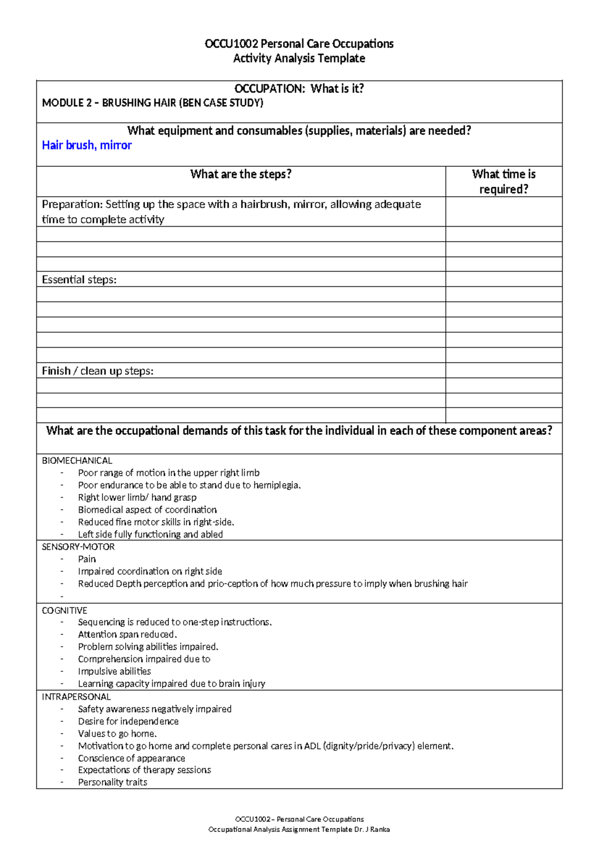 Activity analysis template 2024 Module 2 - OCCU1002 Personal Care ...