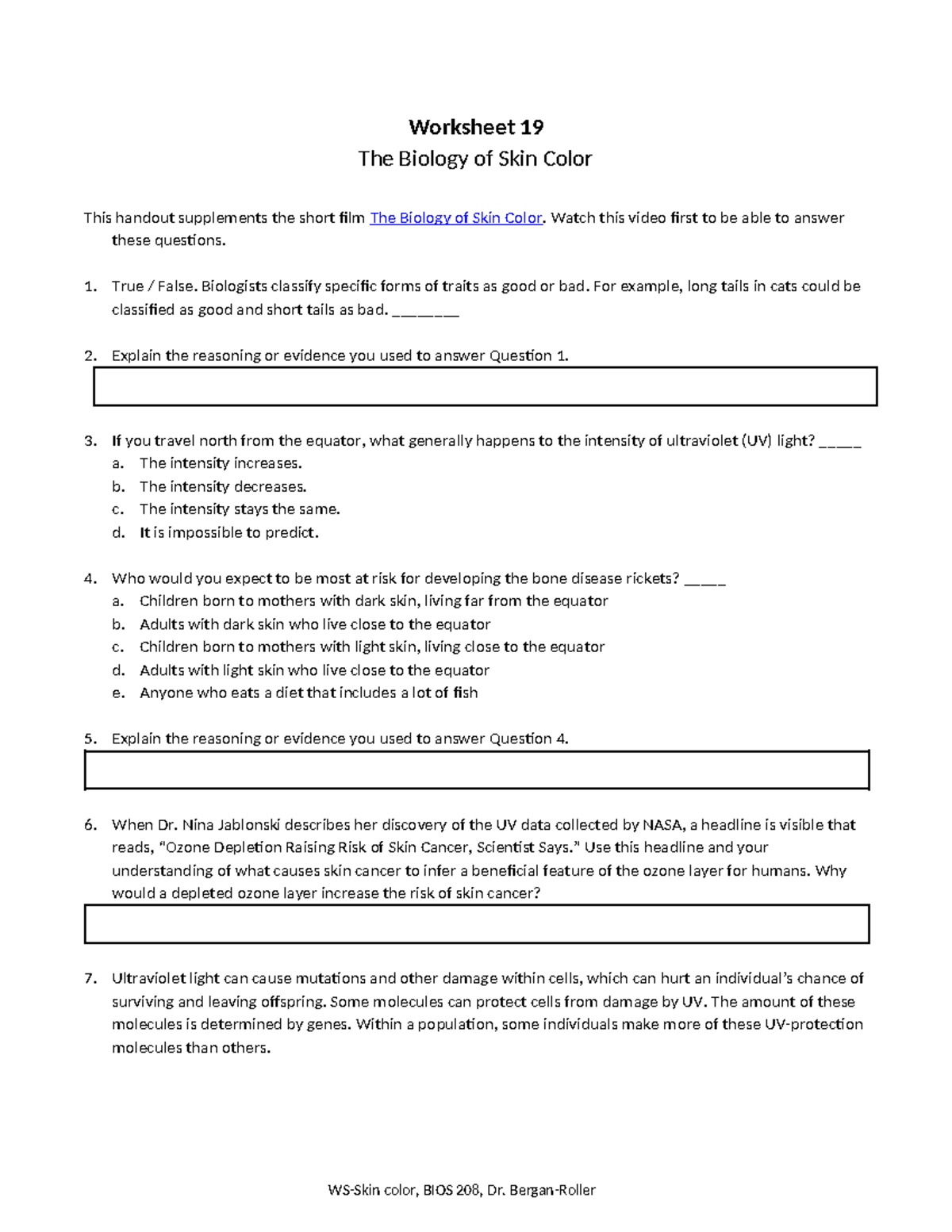 Worksheet 19-Skin color - Worksheet 19 The Biology of Skin Color This ...