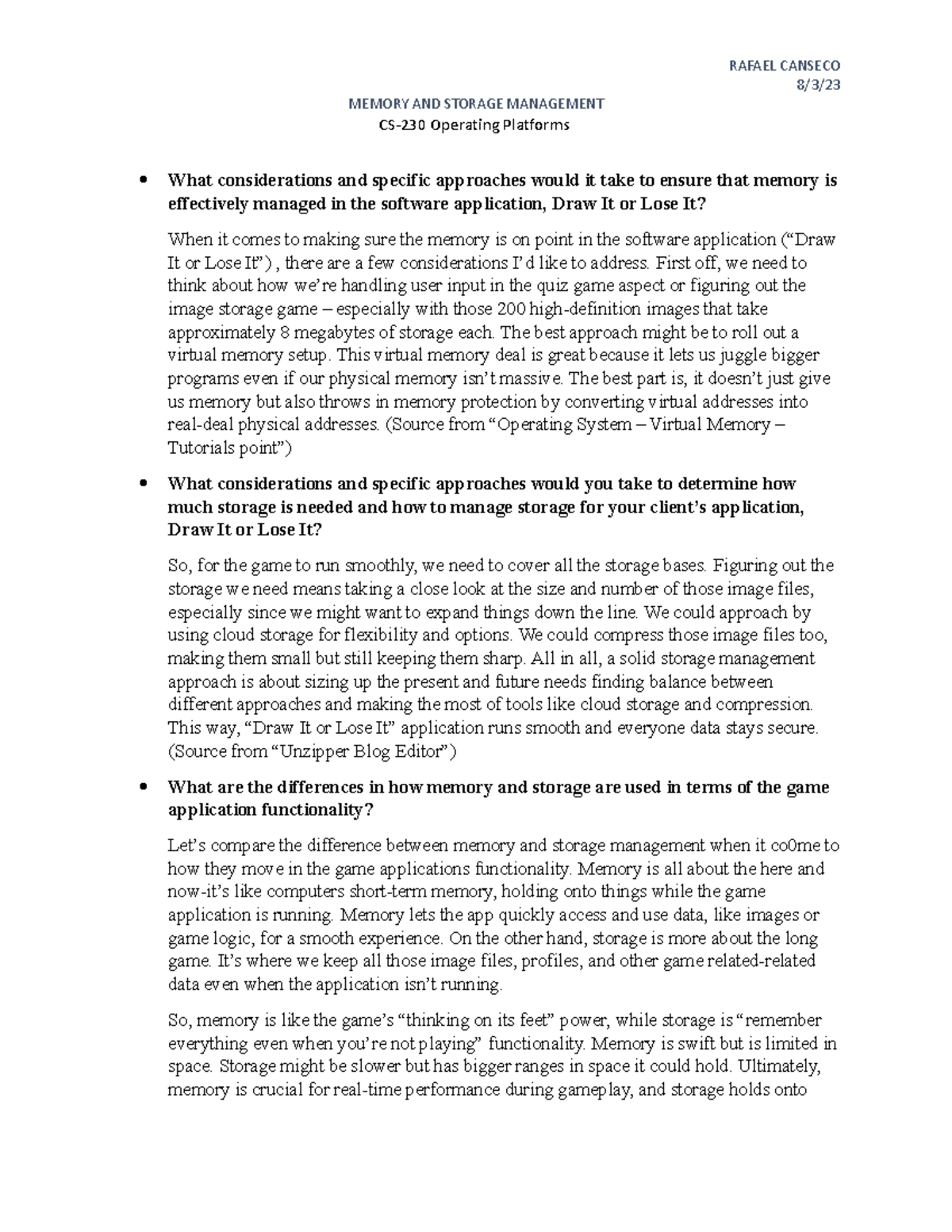 Memory and Storage Management - RAFAEL CANSECO 8/3/ MEMORY AND STORAGE MANAGEMENT CS-230 ...