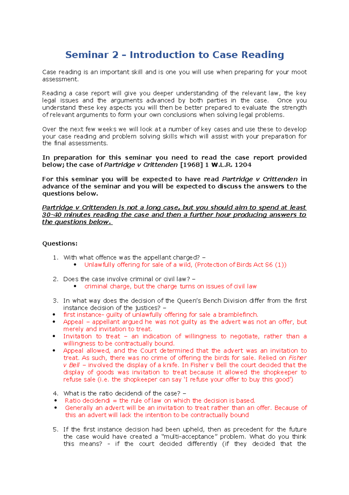 Seminar 2 - Introduction to Case Reading - Partirdge v Crittenden ...