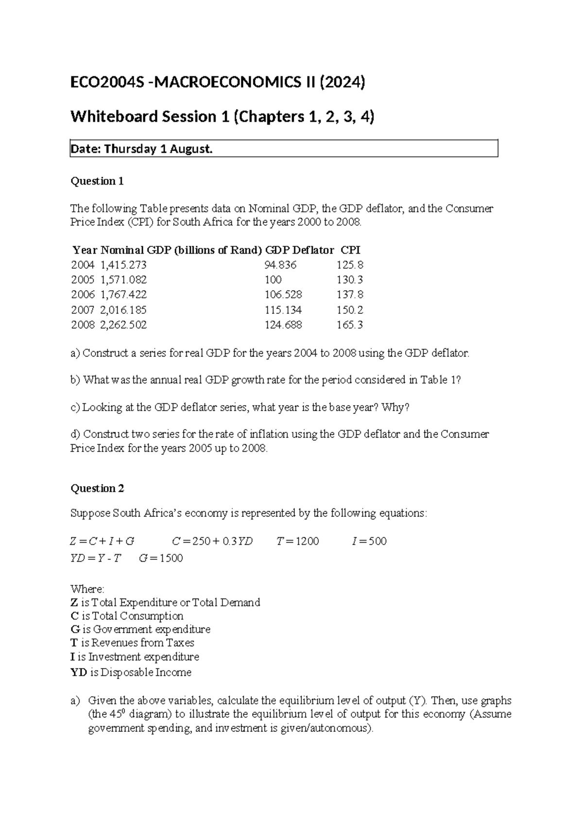 Whiteboard 1 - Copy - ECO2004S -MACROECONOMICS II (2024) Whiteboard Session 1 (Chapters 1, 2, 3 ...