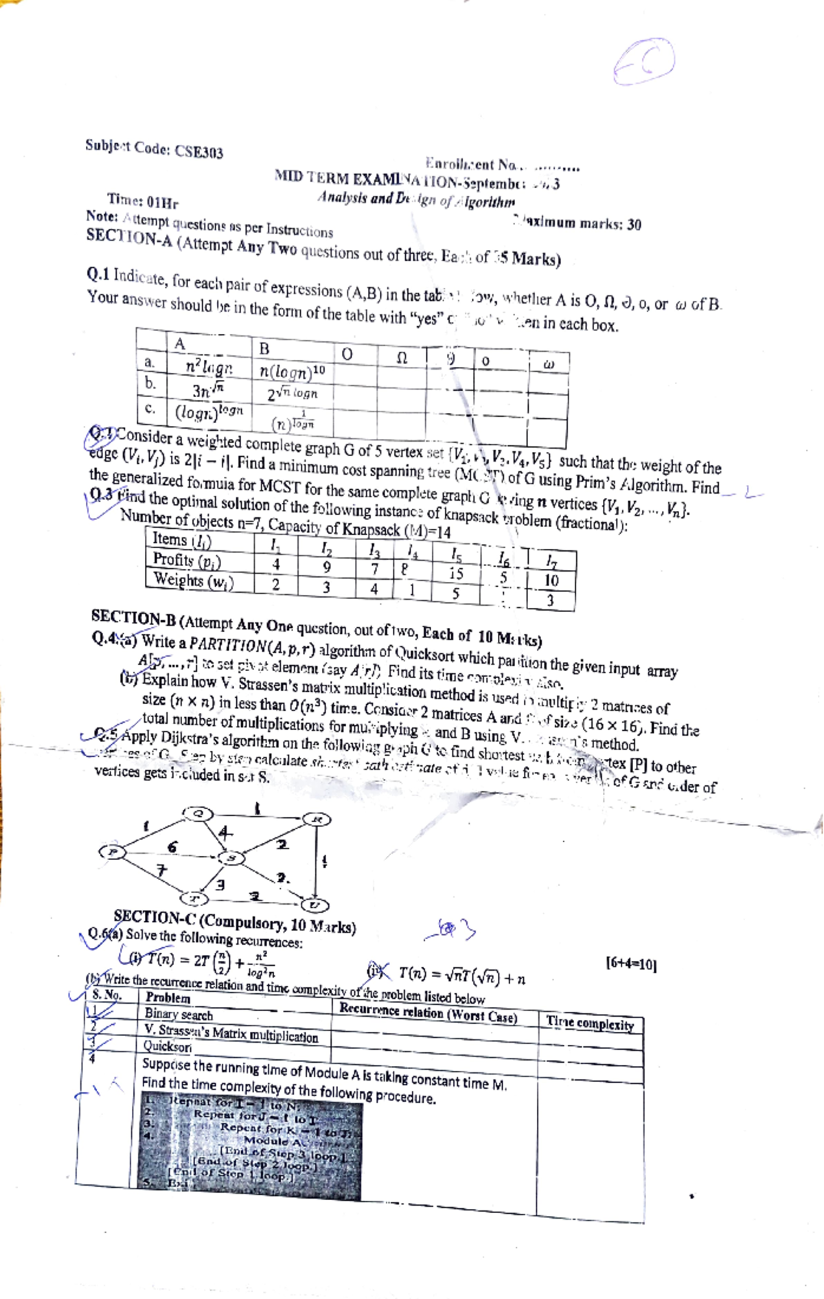 Cse303-ada-minor - MINOR EXAM - Subjet Code: CSE Time: 01Hr Note: Attempt questions ns per ...