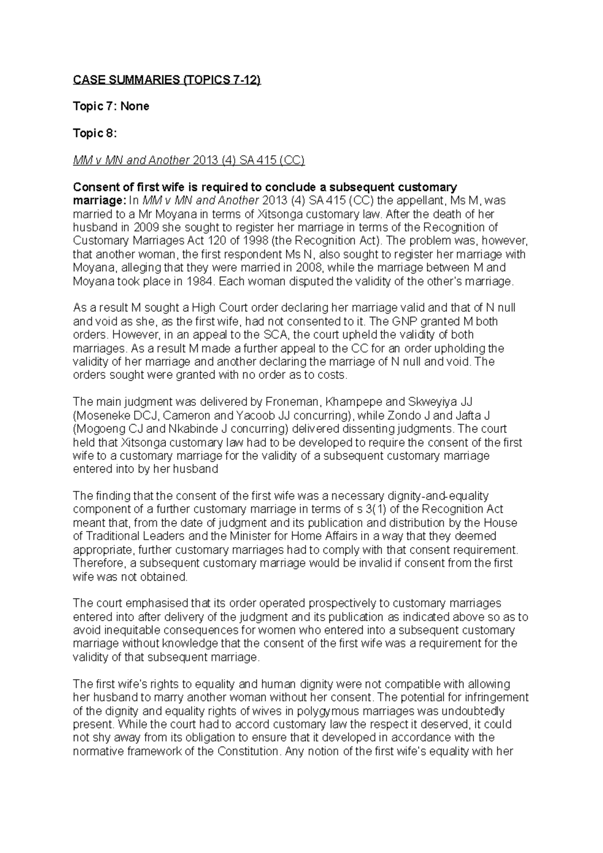 Family Law Case Summaries - CASE SUMMARIES (TOPICS 7-12) Topic 7: None ...