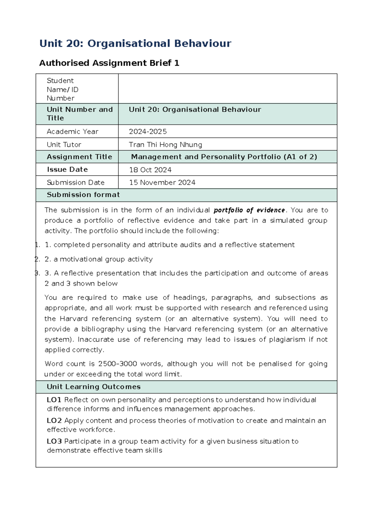 Approved Unit 20 OB Assignment Brief 1 of 2 2024-2025 - Unit 20 ...