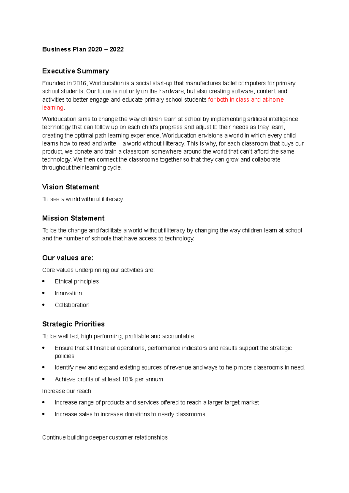 Sawera Business Plan - LECTURE - Business Plan 2020 – 2022 Executive ...