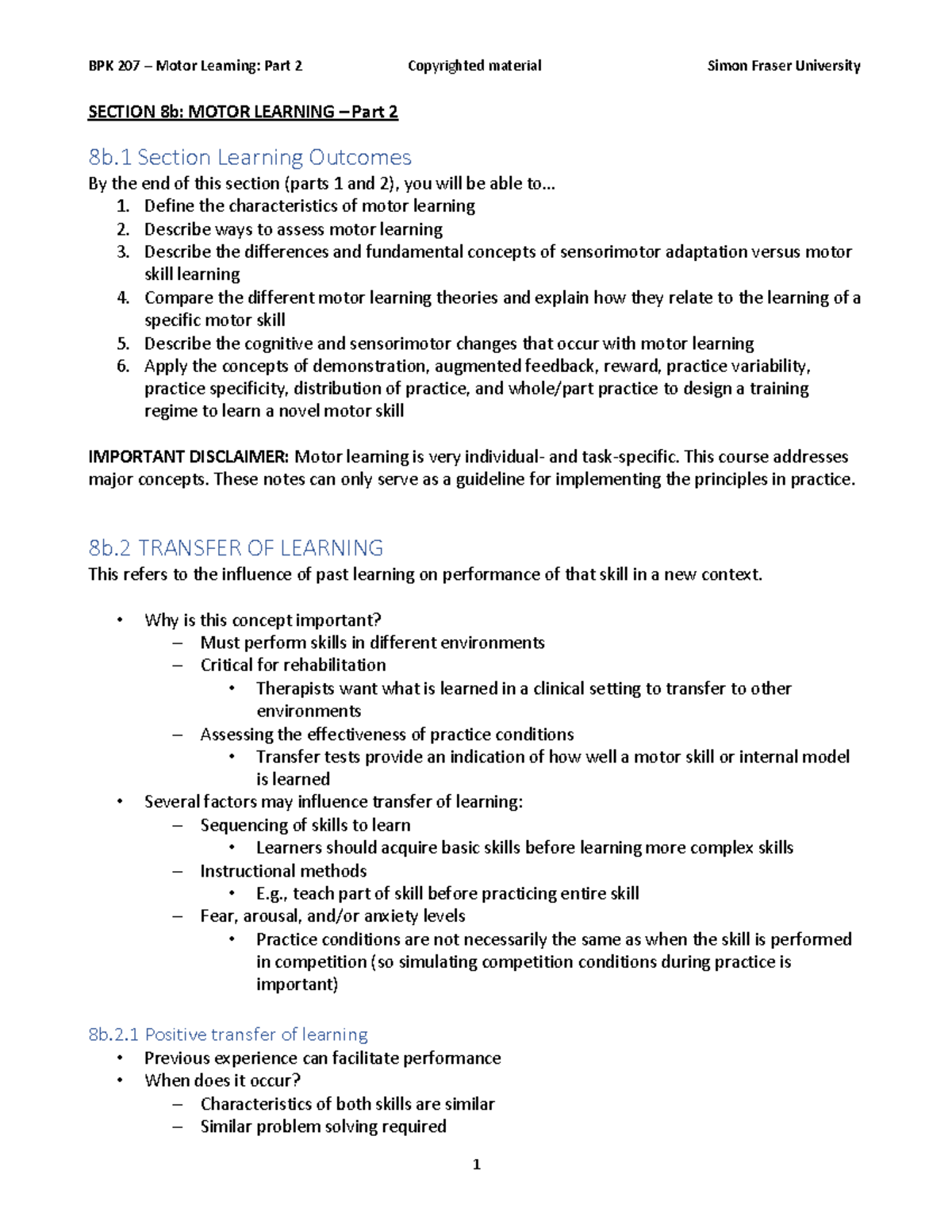 BPK207 Section 8b Motor Learning v4 - SECTION 8 b: MOTOR LEARNING ...
