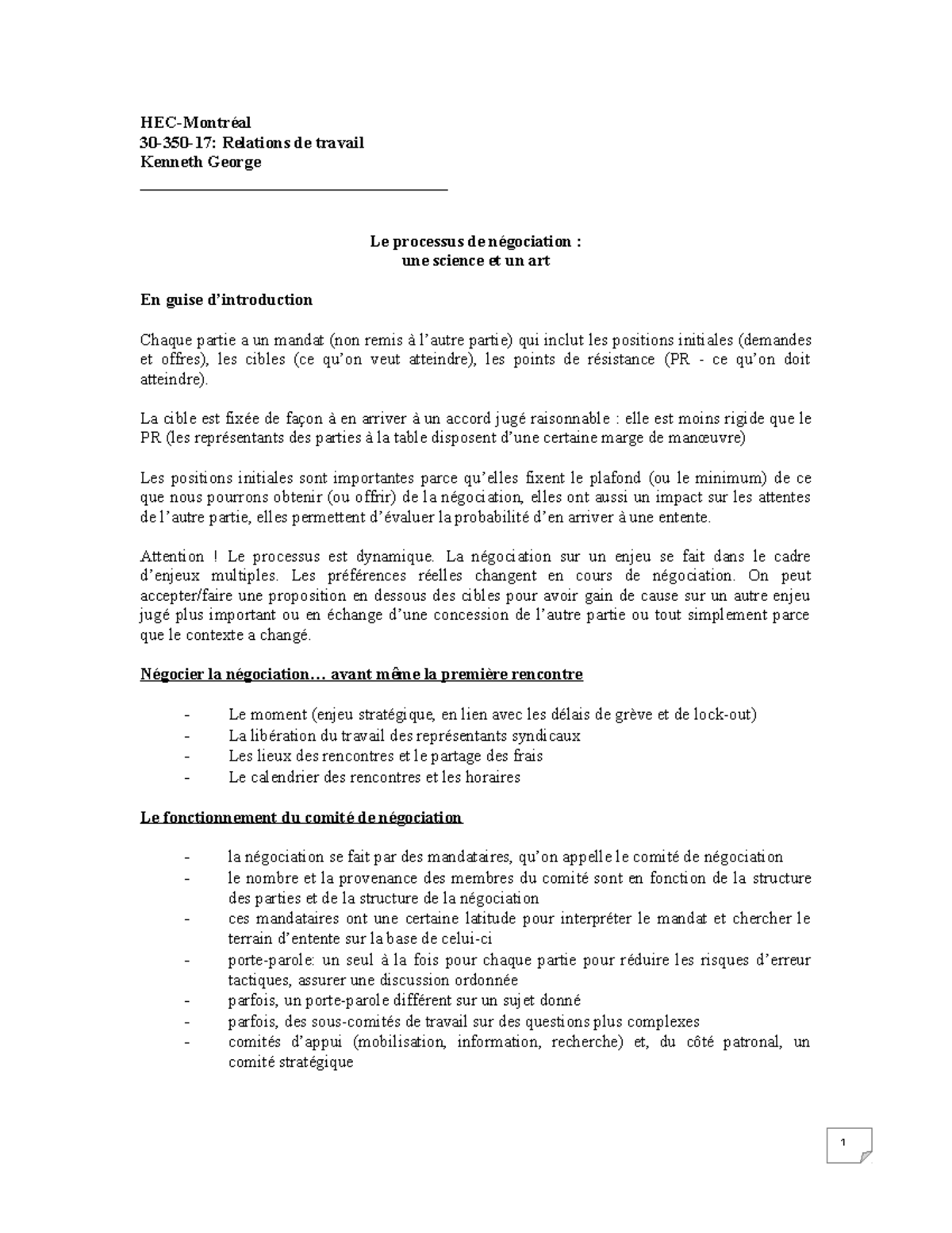 DP- Le processus de négociation - HEC-Montréal 30-350-17: Relations de ...