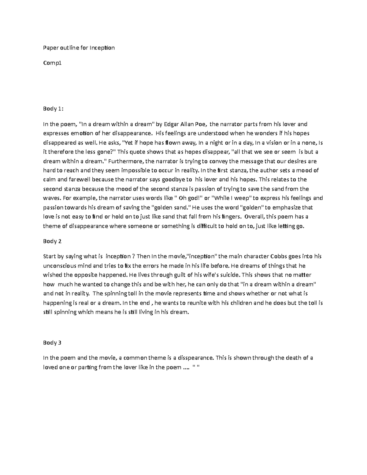 Inception comp1 paper outline - Paper outline for Inception Comp Body 1 ...