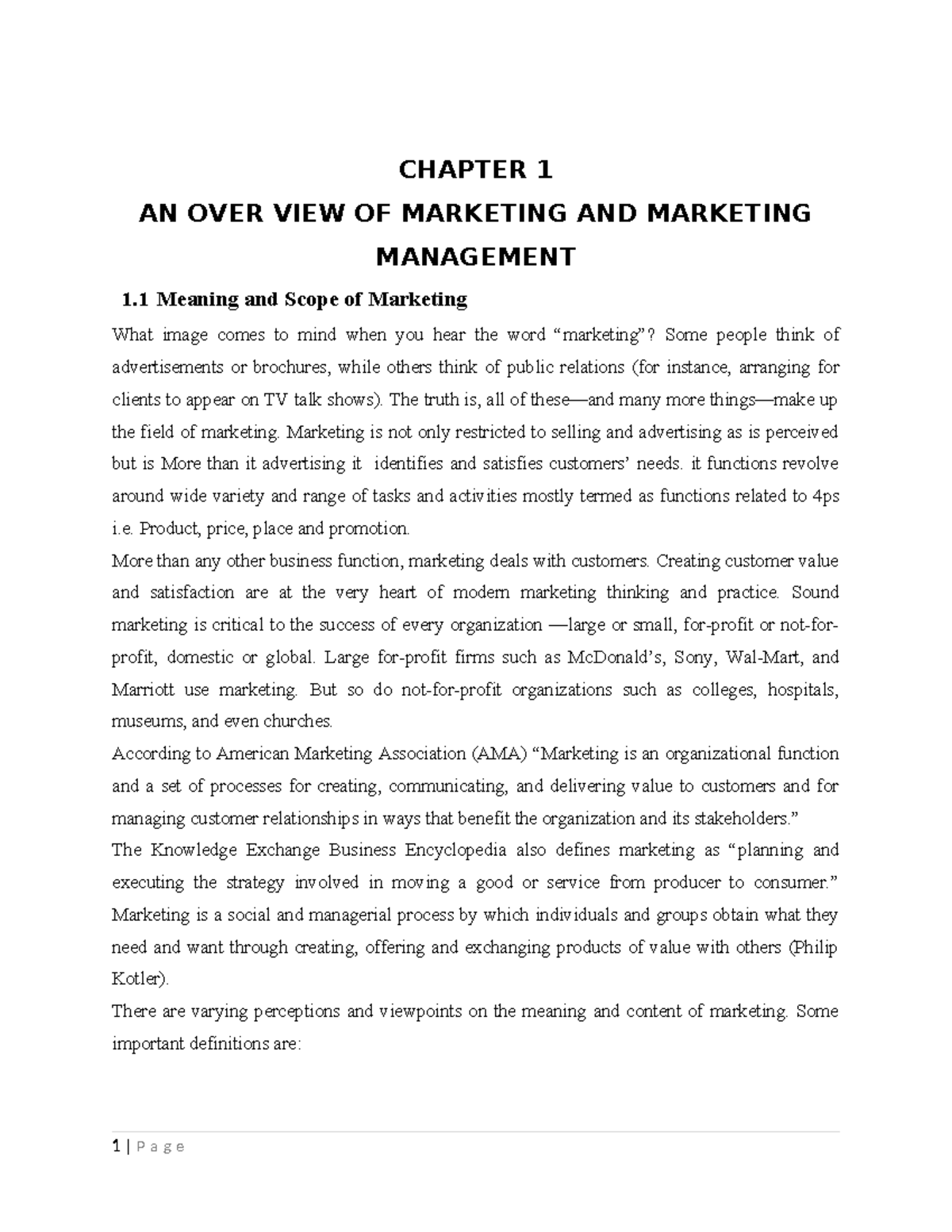 Principles of Marketing Chapter 1 - CHAPTER 1 AN OVER VIEW OF MARKETING ...
