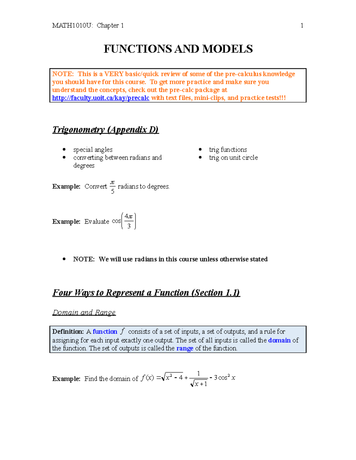 Mod0 funcreview - functions review - FUNCTIONS AND MODELS NOTE: This is ...