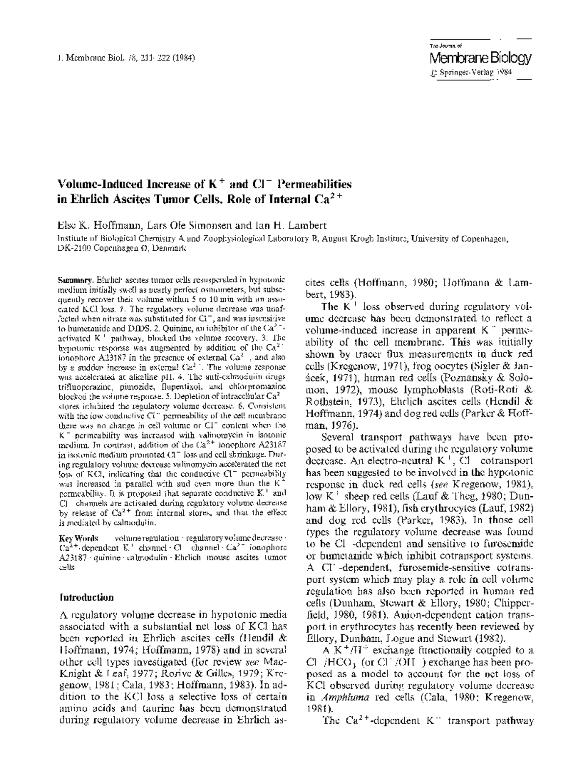 Volume induced increase of K and Cl perm - J. M e m b r a n e Biol ...