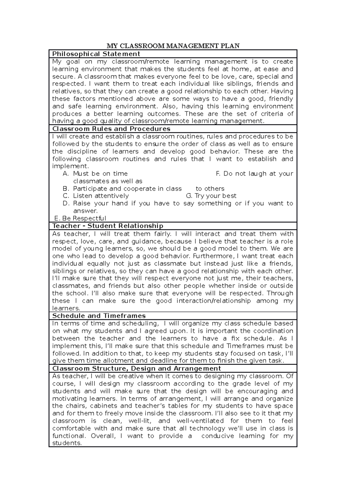 MY Classroom Management PLAN - MY CLASSROOM MANAGEMENT PLAN ...