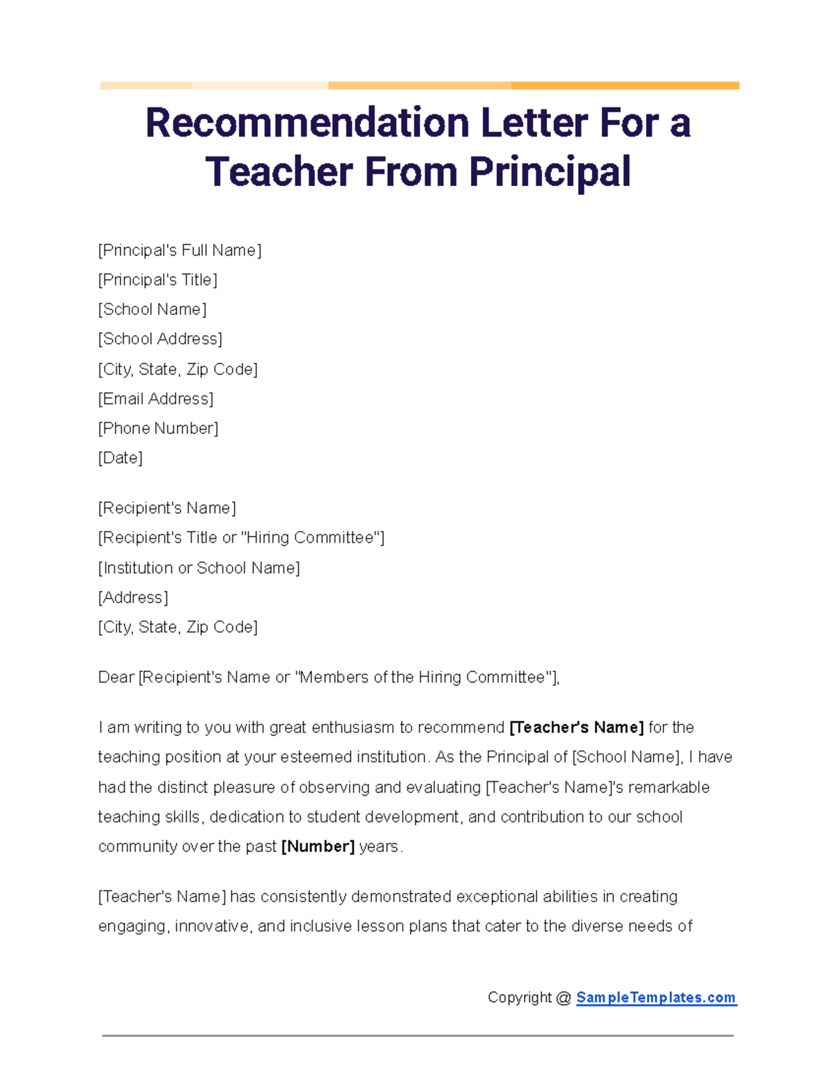 Recommendation Letter For a Teacher From Principal - Recommendation ...