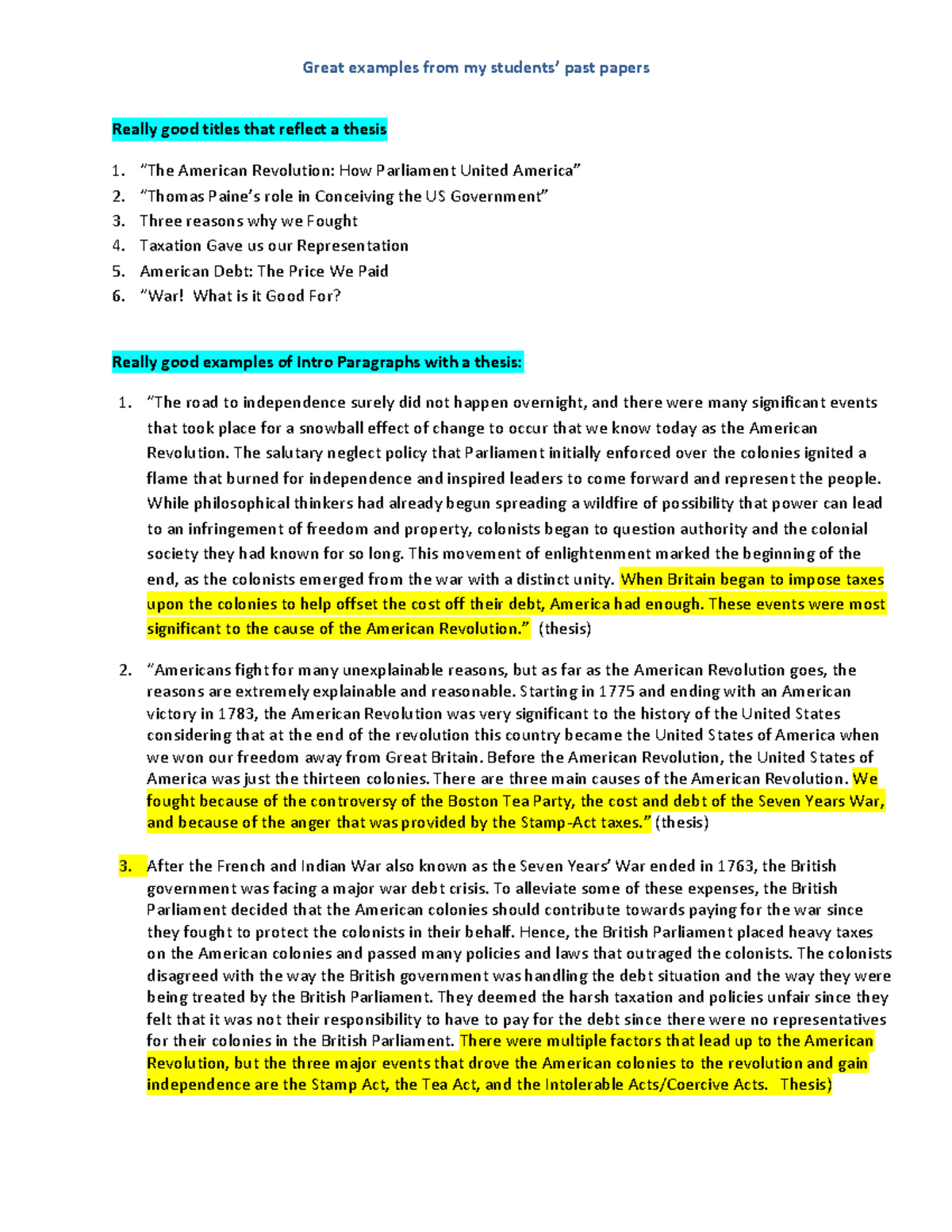 Samples U.S. History 2018 - Great examples from my students’ past ...