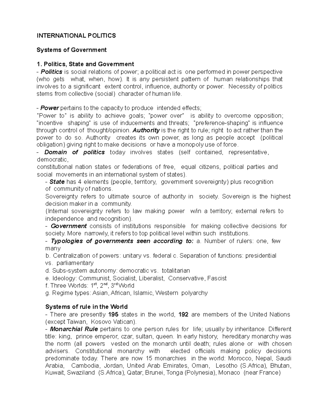 International Politics - INTERNATIONAL POLITICS Systems of Government 1 ...