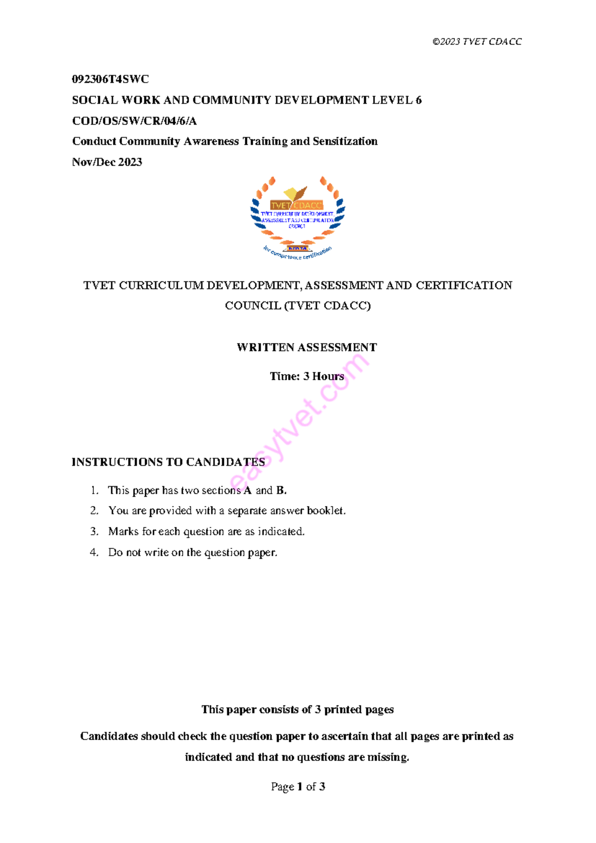 2023n - Past paper - ©2023 TVET CDACC Page 1 of 3 092306T4SWC SOCIAL ...