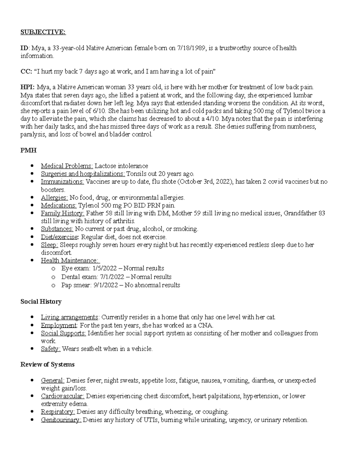 Adult MSK SOAP note - soap - SUBJECTIVE: ID: Mya, a 33-year-old Native ...