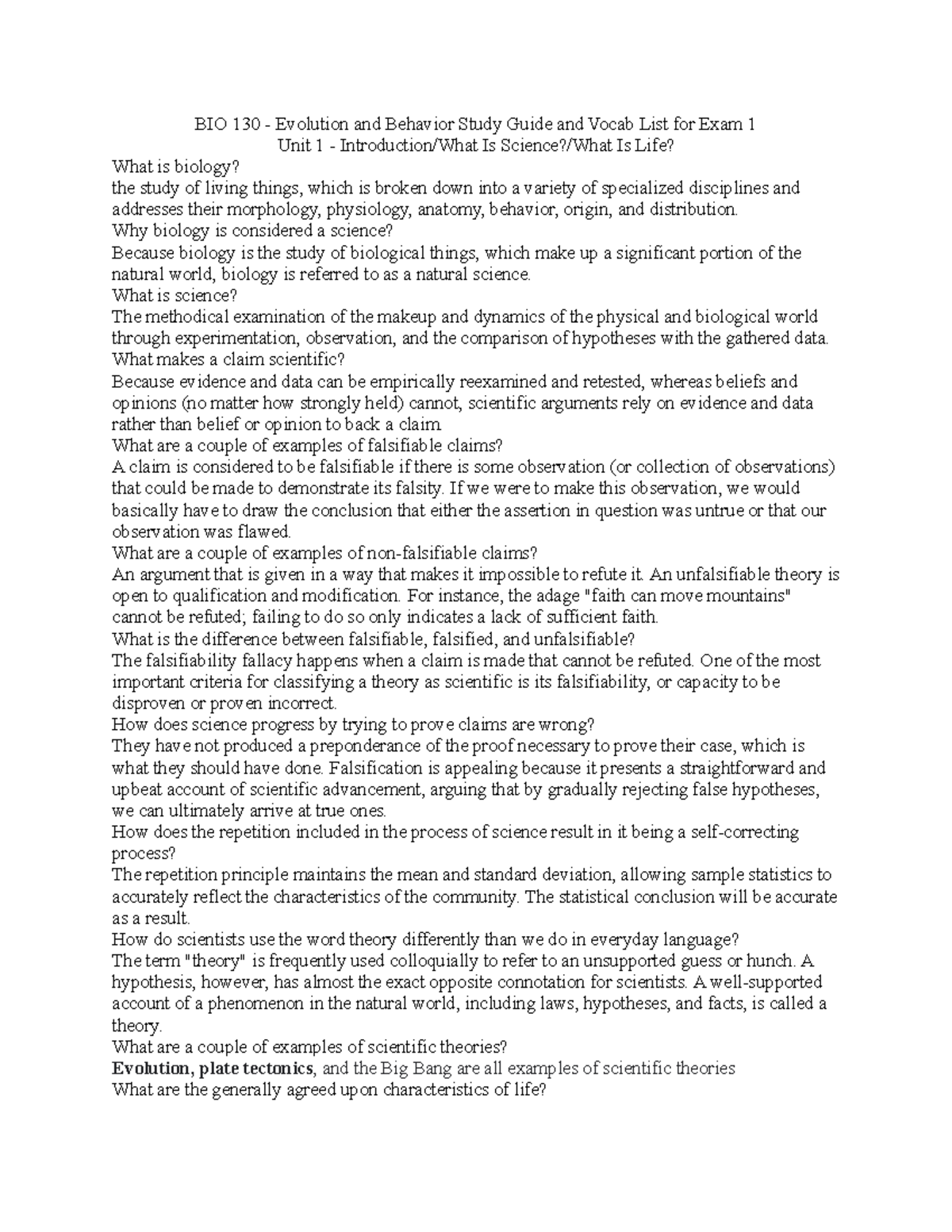 BIO 130 Study guide 1 - BIO 130 - Evolution and Behavior Study Guide ...