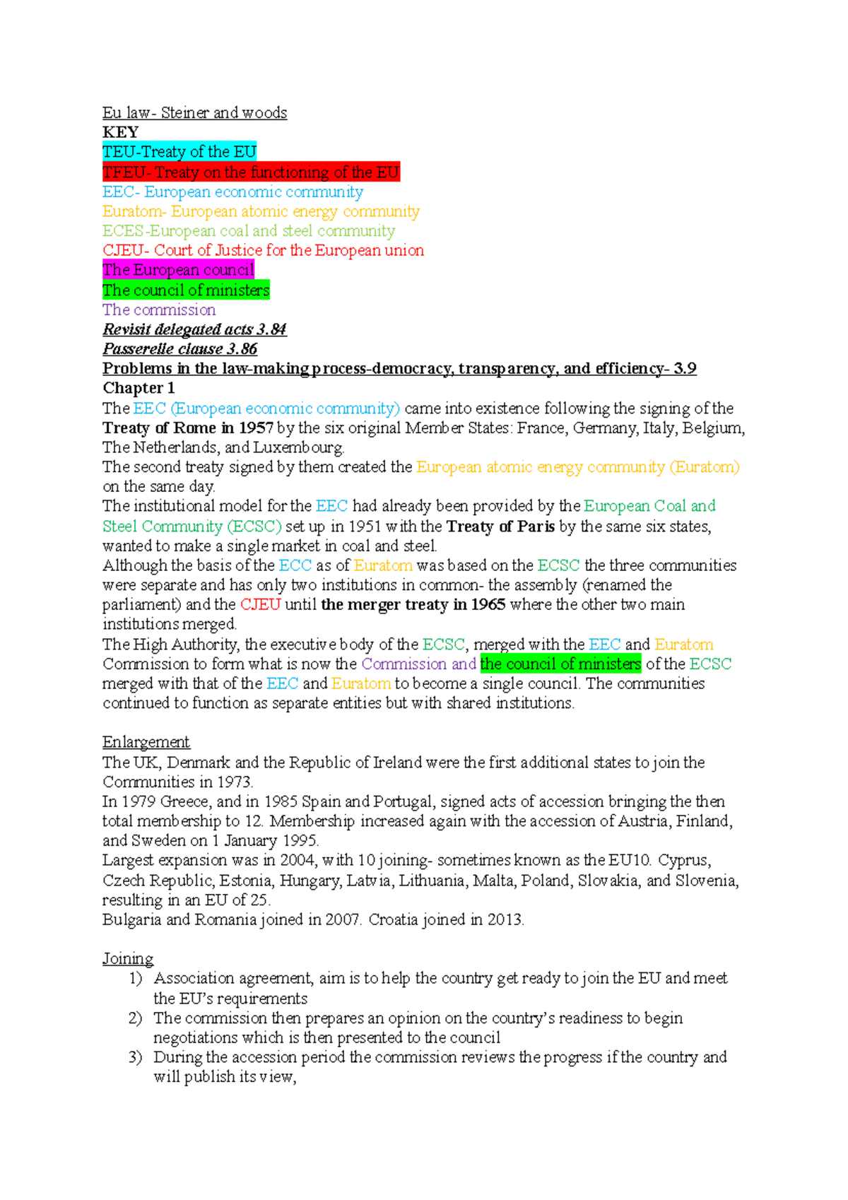 EU law- Reading notes - Eu law- Steiner and woods KEY TEU-Treaty of the ...